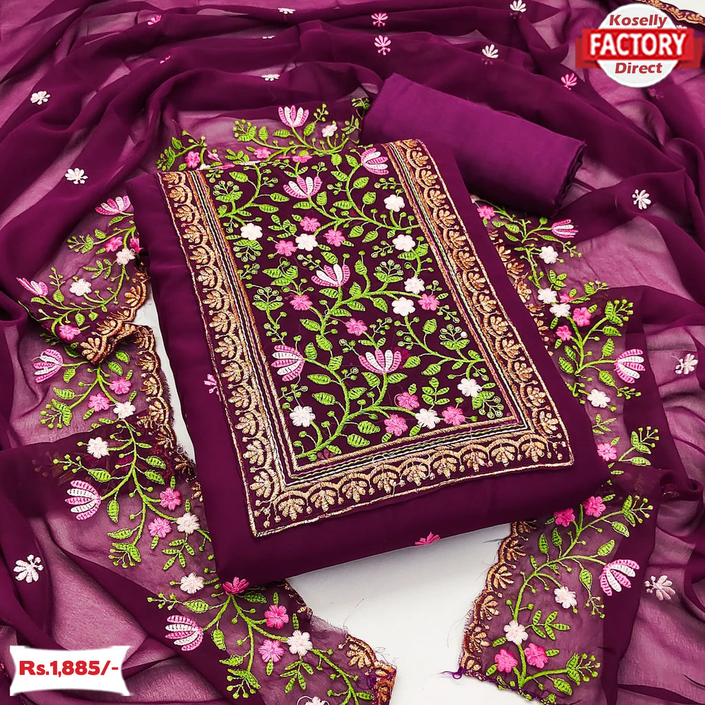 Wine Multi-thread Embroidered Kurtha Suruwal Piece | Koselly