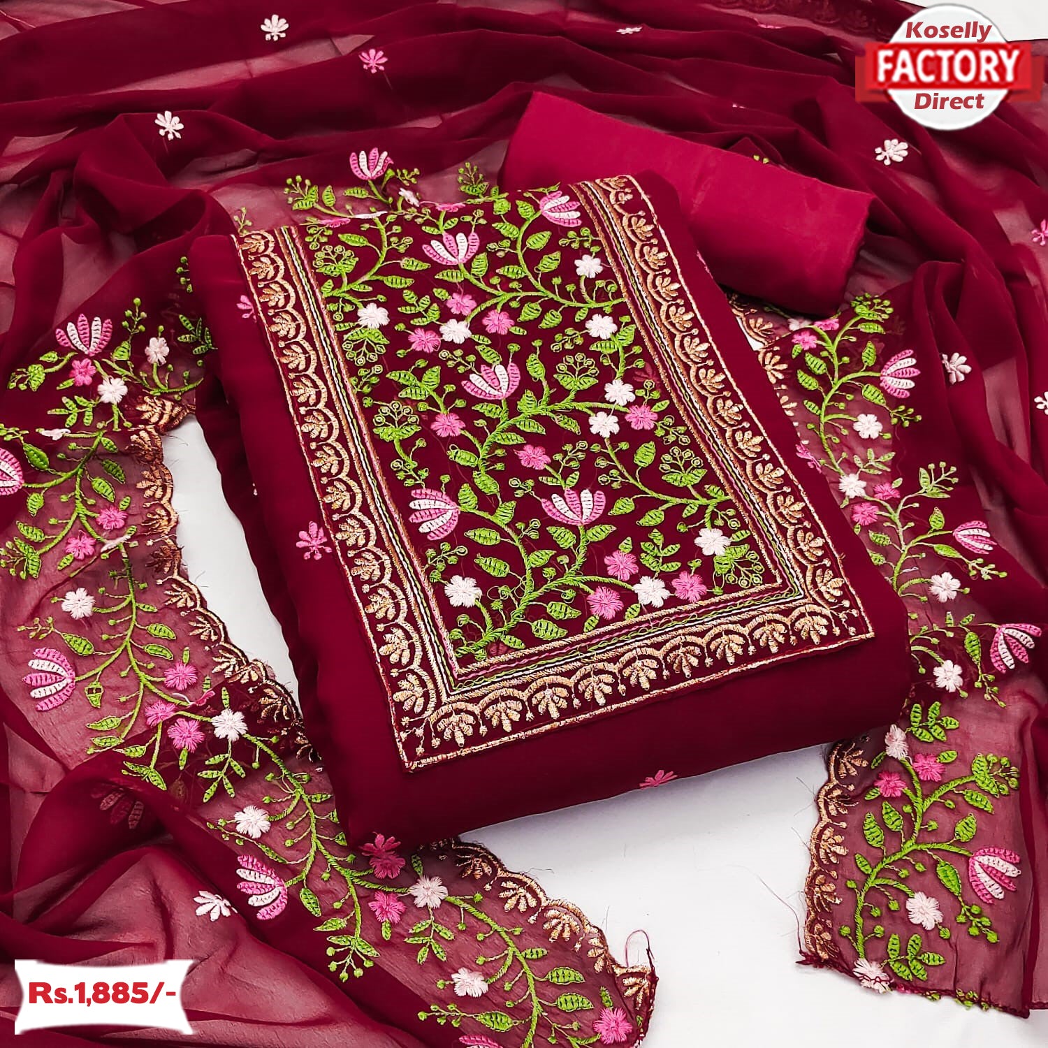 Maroon Multi-thread Embroidered Kurtha Suruwal Piece | Koselly